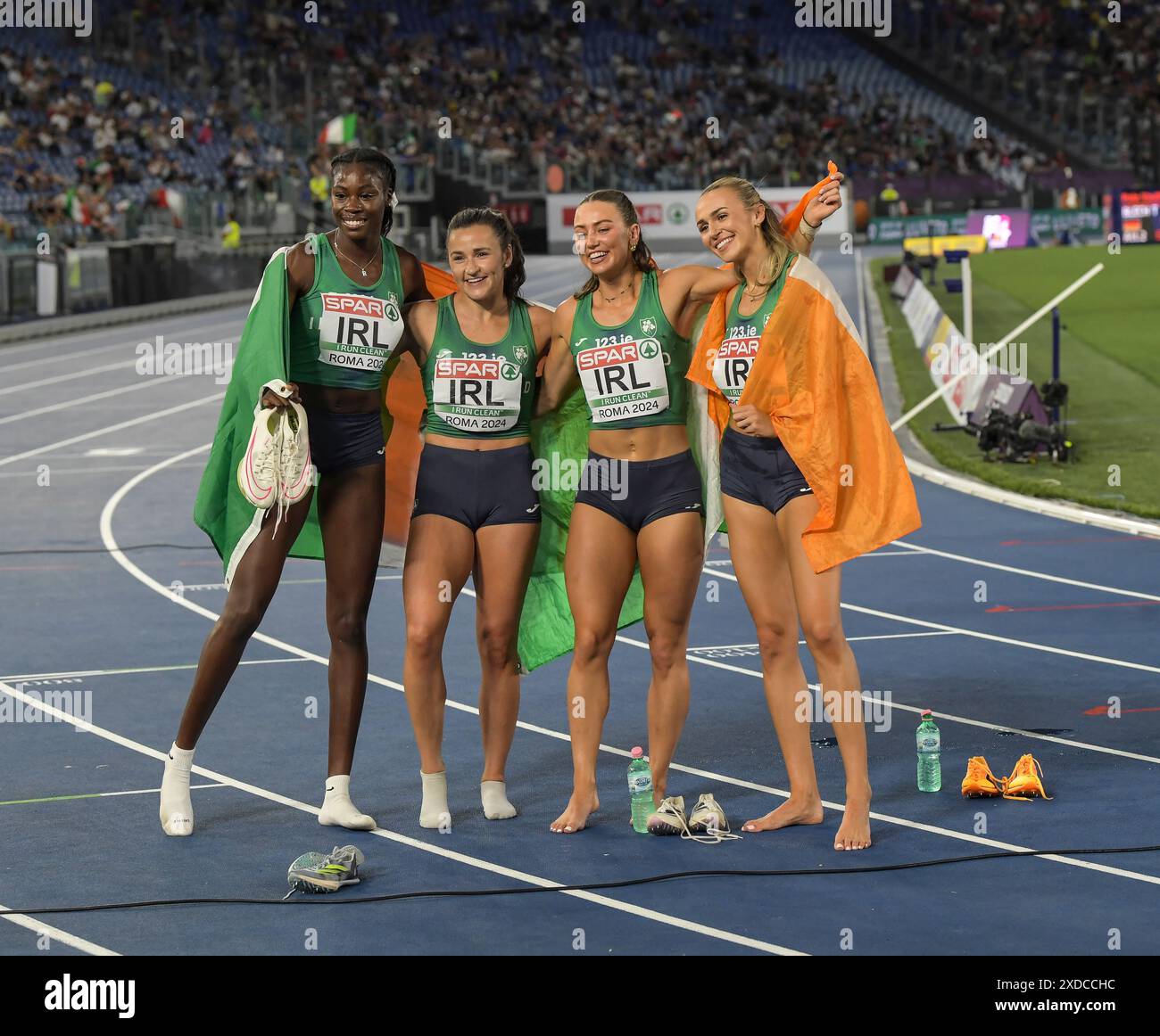Team Ireland celebrate there silver medal in the women’s 4x400m relay final at the European ...