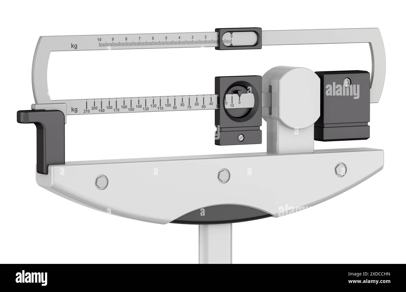 Mechanical balance beam scale, closeup. 3D rendering isolated on white ...