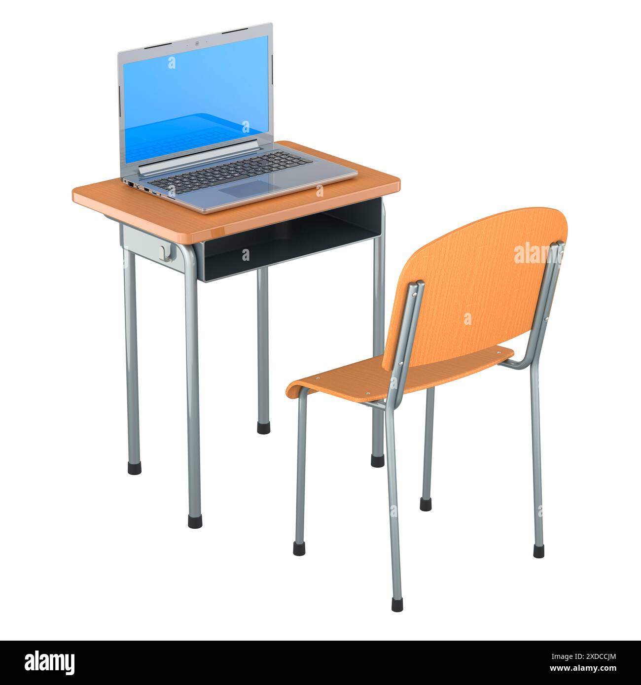 School desk with opened laptop. 3D rendering isolated on white ...