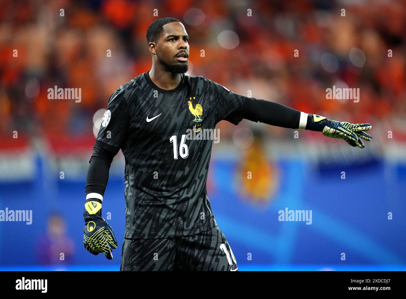 France goalkeeper Mike Maignan during the UEFA Euro 2024 Group D match at the Leipzig Stadium in ...