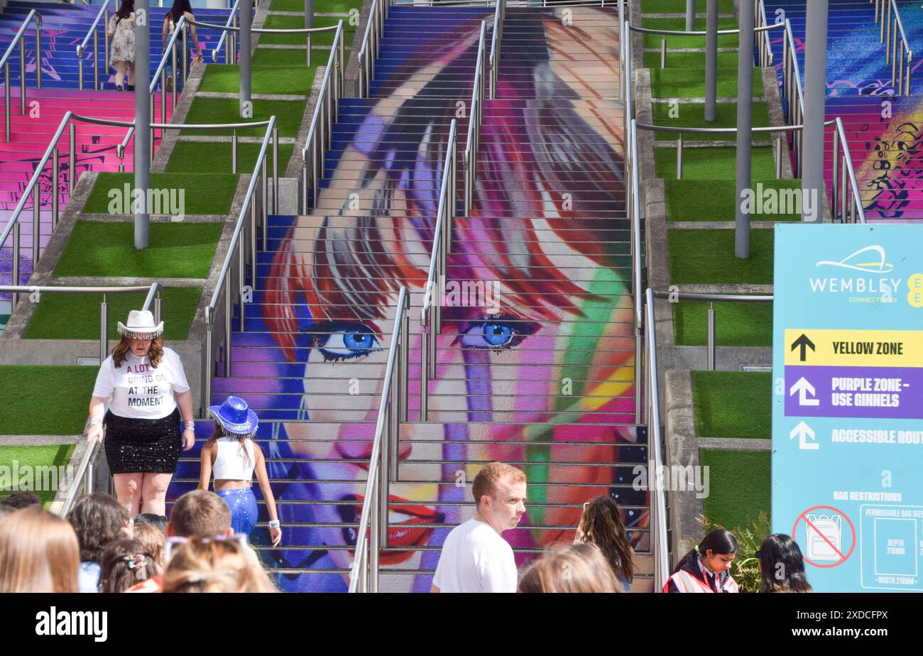 London, UK. 21st June 2024. Steps are decorated with Taylor Swift's ...