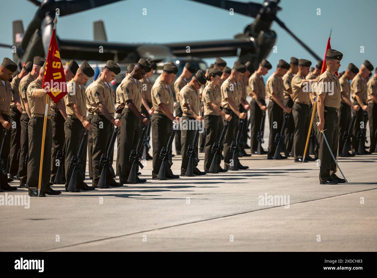 U.S. Marines with Marine Corps Air Facility Quantico stand in formation ...