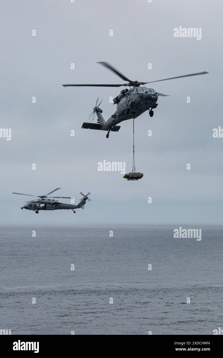 240609-N-IT121-1363 PACIFIC OCEAN (June 9, 2024) Two MH-60S Sea Hawk helicopters, assigned to ...