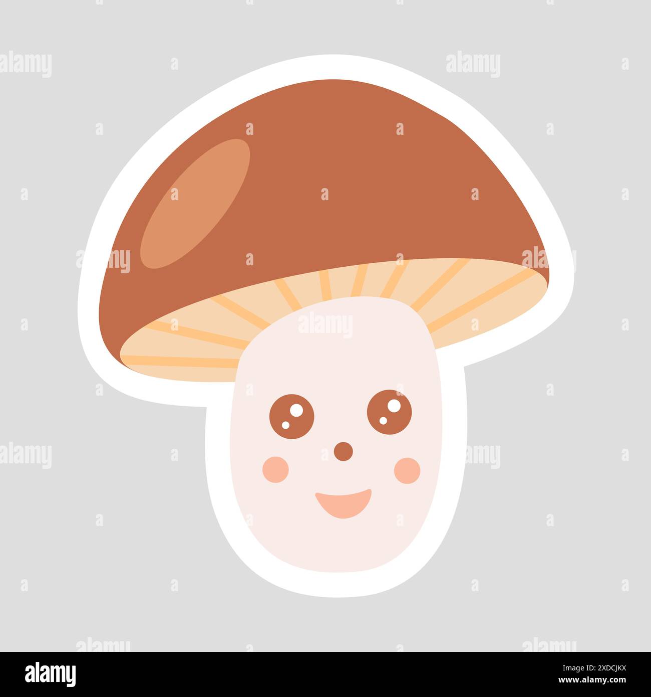 Sticker with cute cheerful mushroom, cartoon style vector illustration ...