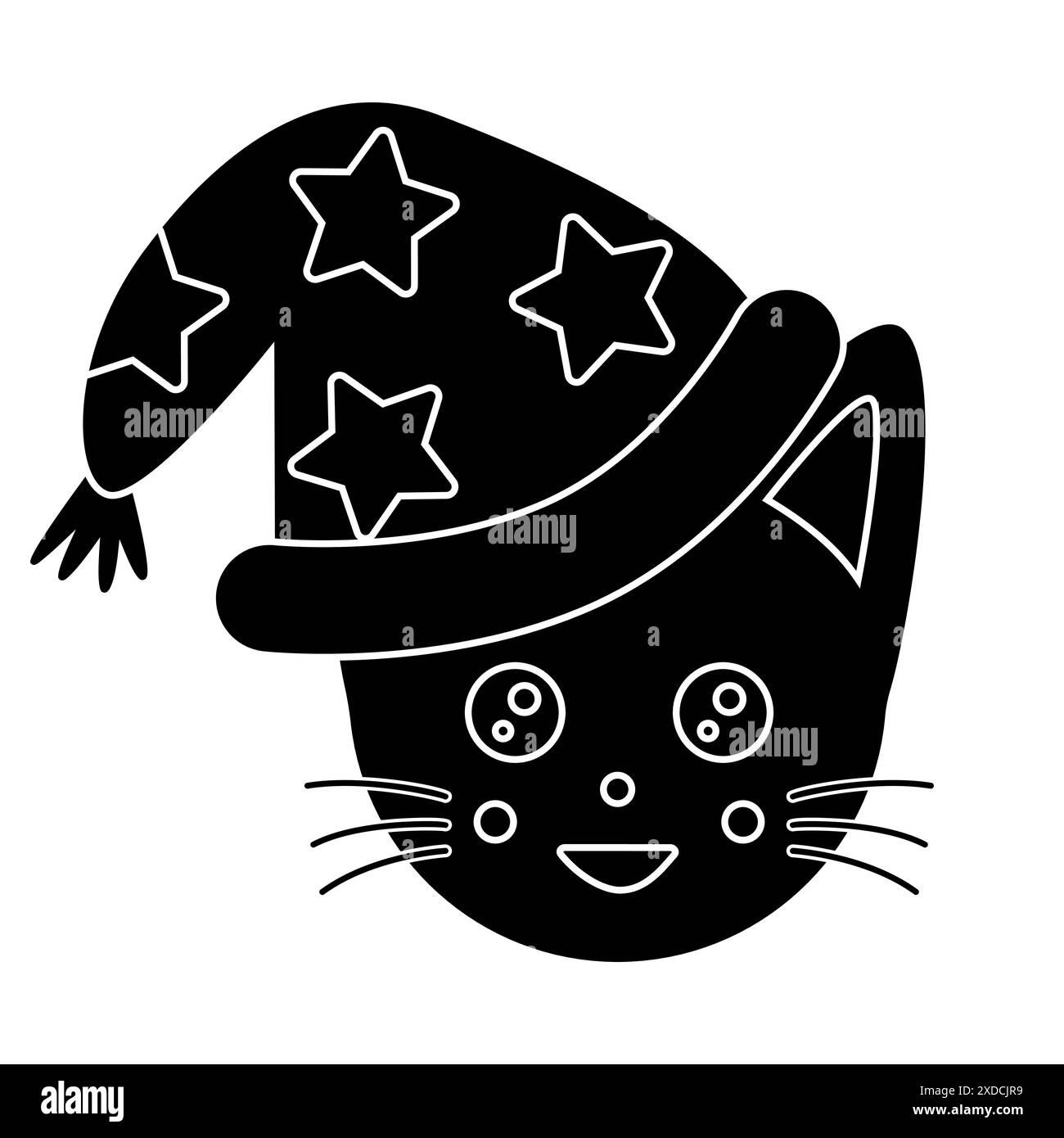 Black silhouette of cute cat head in a wizards magic hat, glyph icon ...