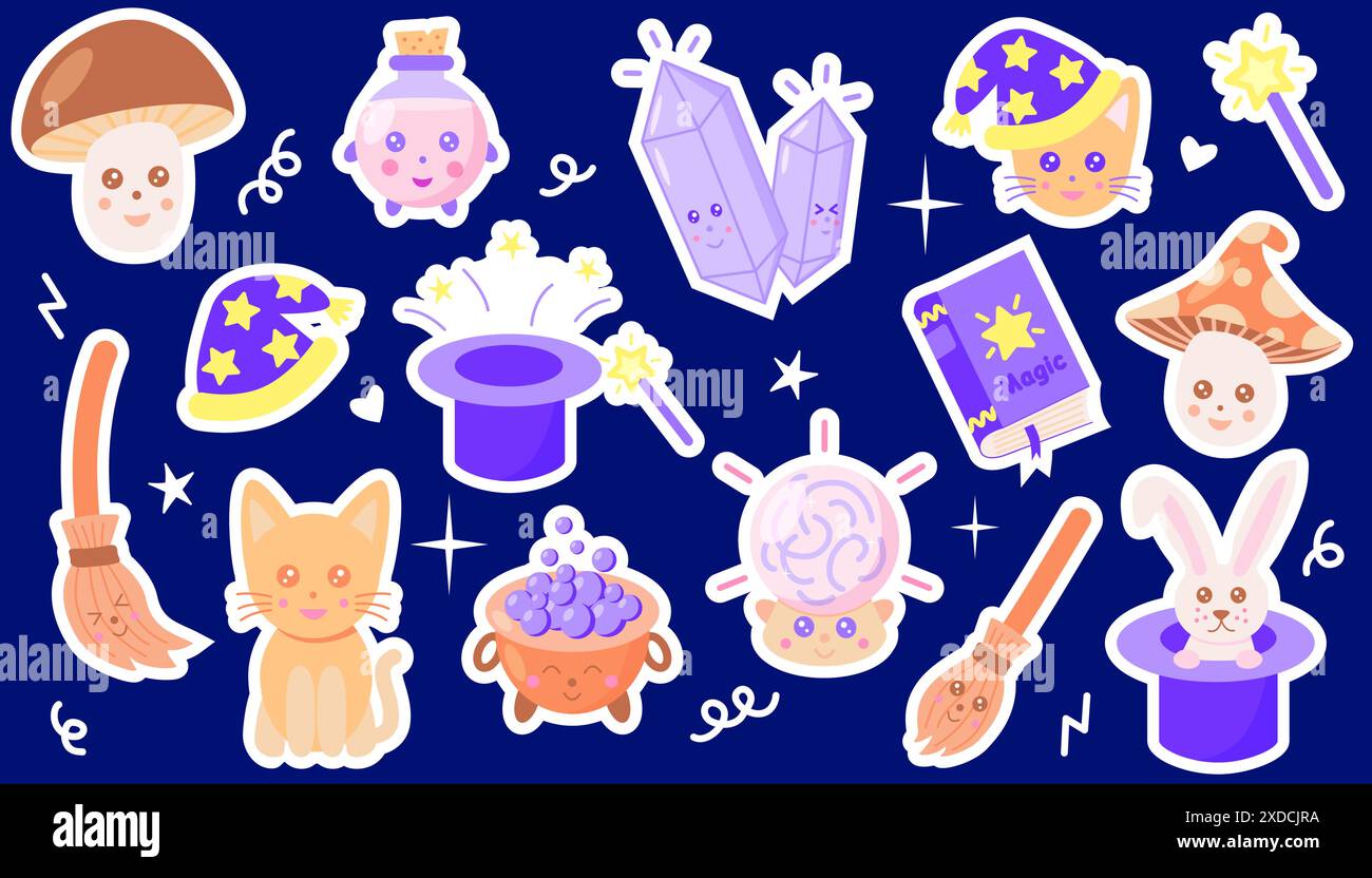 Sticker set with different childrens magic elements, vector ...