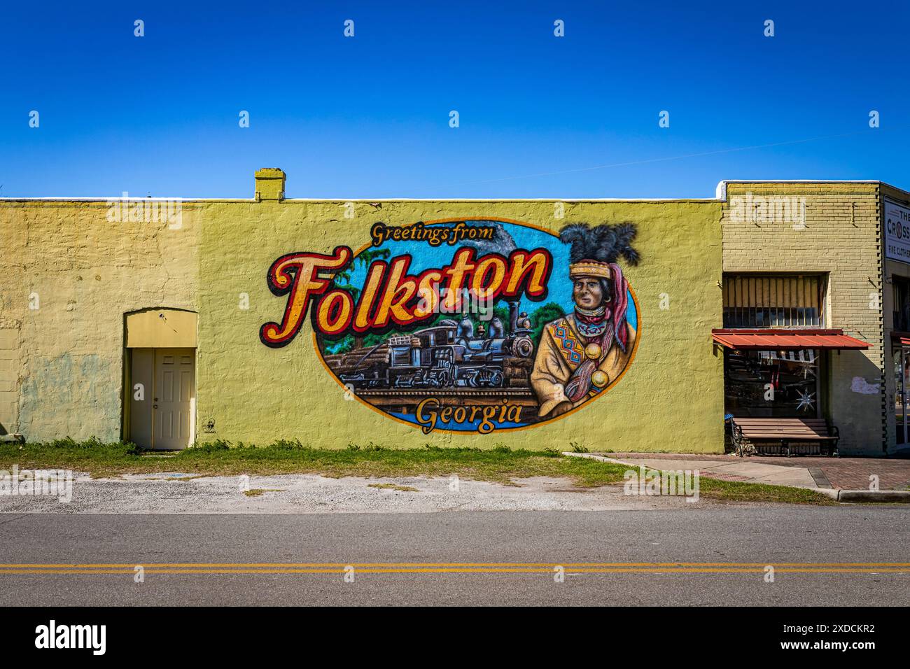 Folkston, GA, USA - February 14, 2024: Colorful mural displaying 'Greetings from Folkston ...