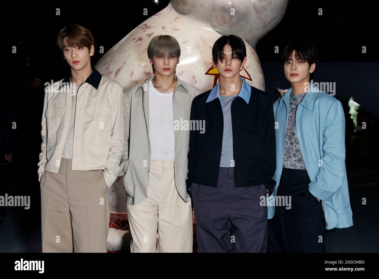 Paris, France. 21st June, 2024. Soobin, Huening Kai, Yeonjun and Taehyun from TOMORROW X ...