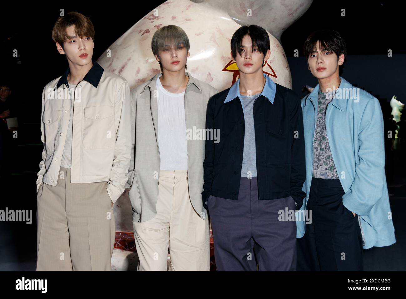 Paris, France. 21st June, 2024. Soobin, Huening Kai, Yeonjun and Taehyun from TOMORROW X ...