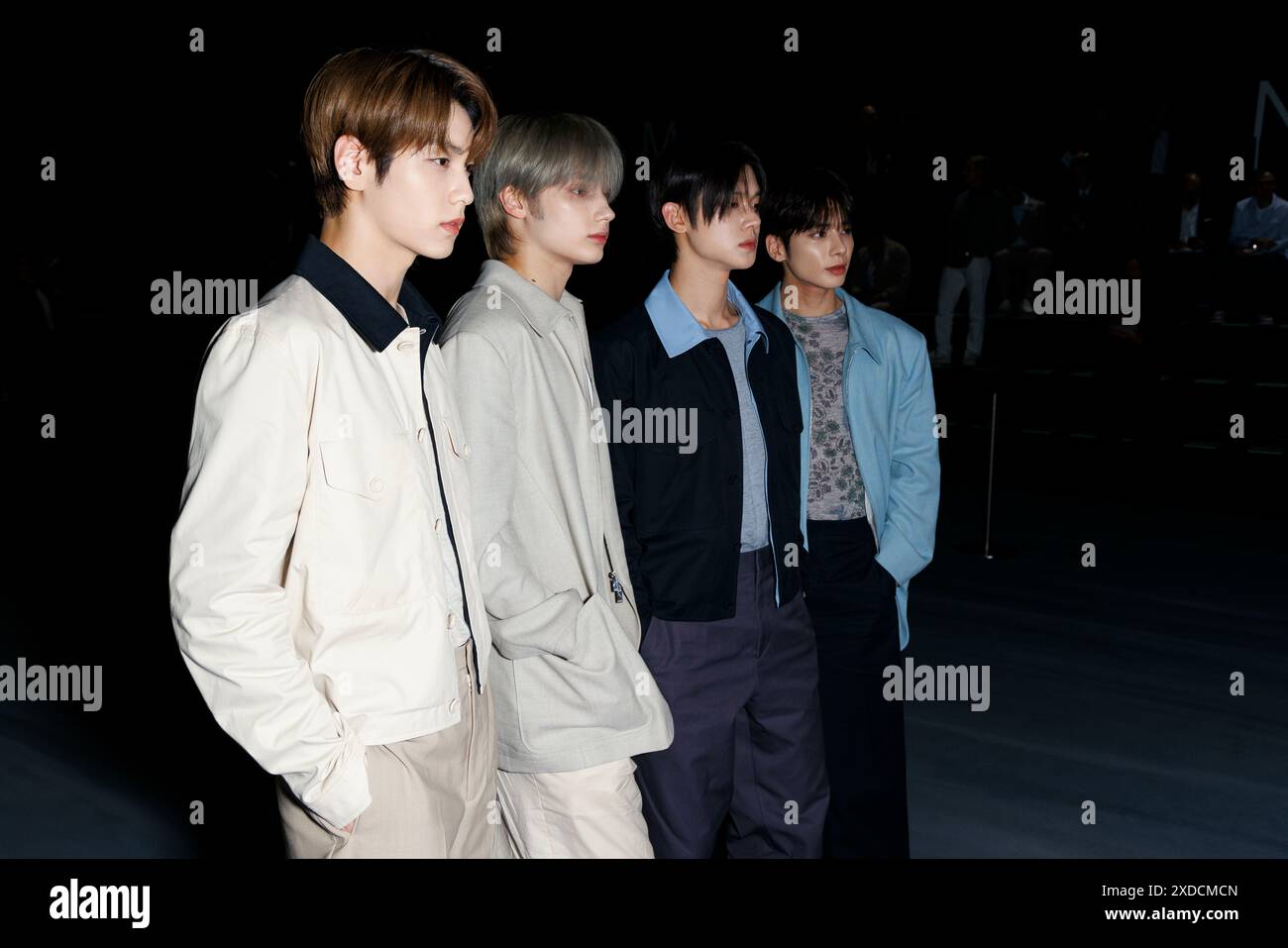 Paris, France. 21st June, 2024. Soobin, Huening Kai, Yeonjun and Taehyun from TOMORROW X ...