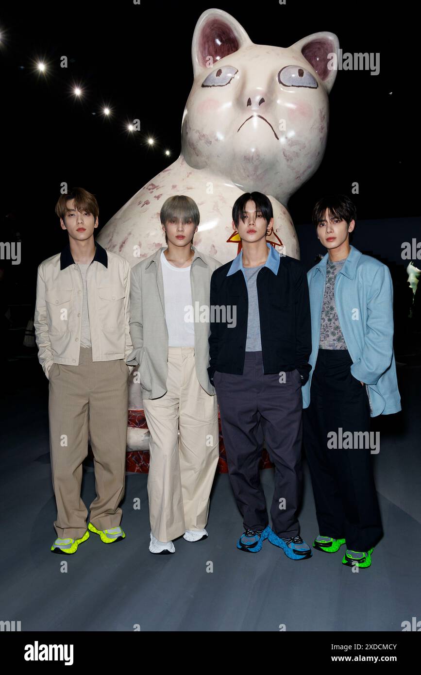 Paris, France. 21st June, 2024. Soobin, Huening Kai, Yeonjun and ...
