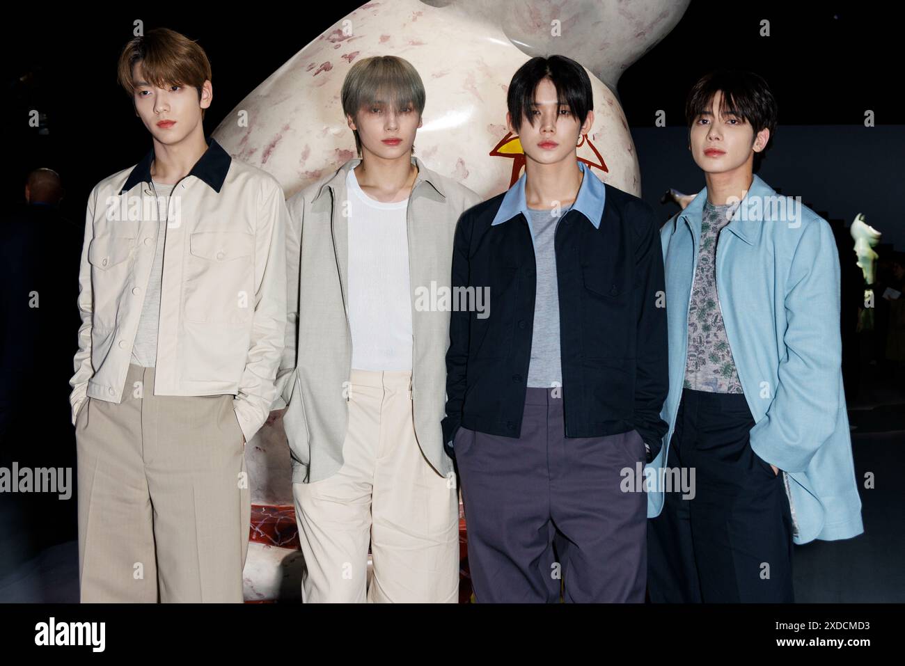 Paris, France. 21st June, 2024. Soobin, Huening Kai, Yeonjun and Taehyun from TOMORROW X ...