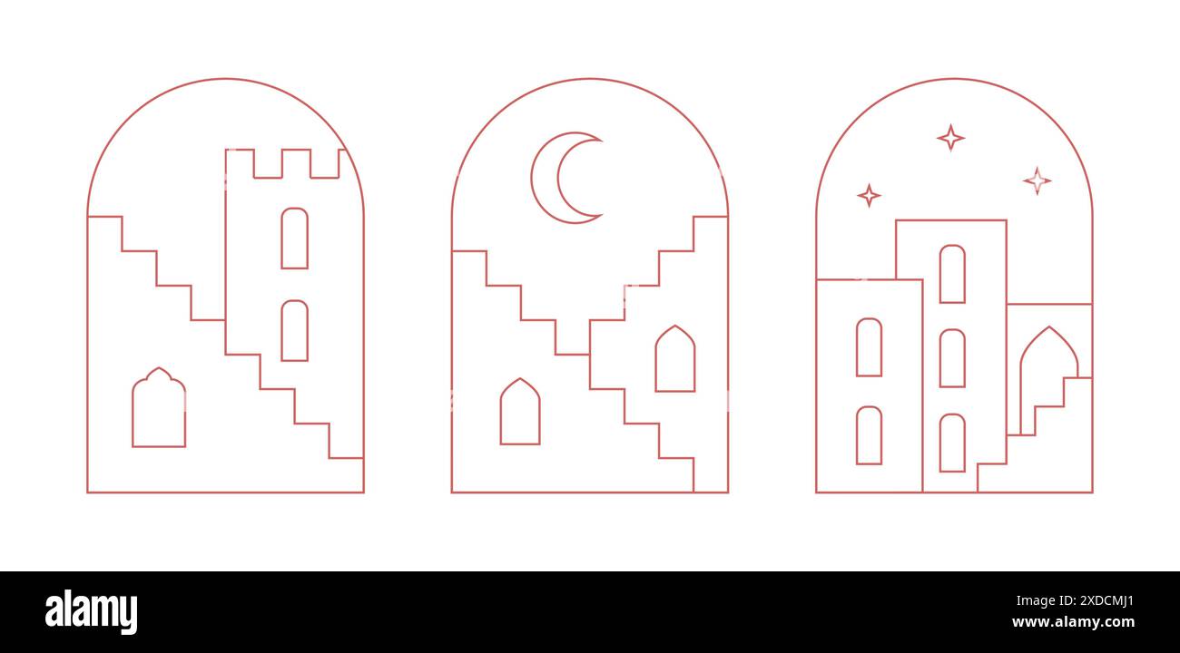 Oriental islamic windows, arches, frames. Linear landscape, arabic city ...