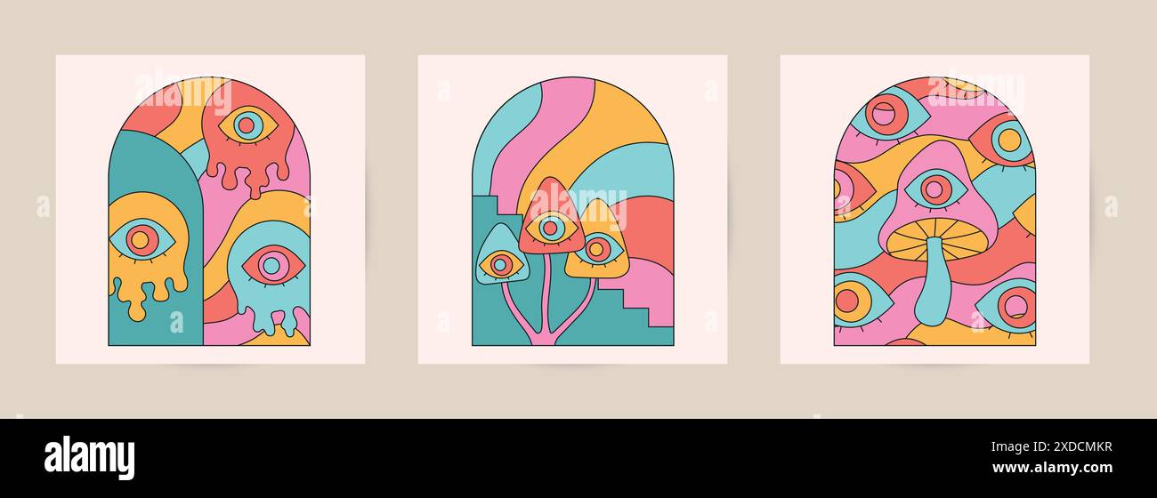 Groovy hippie posters, cards with surreal abstract eyes, mushrooms ...