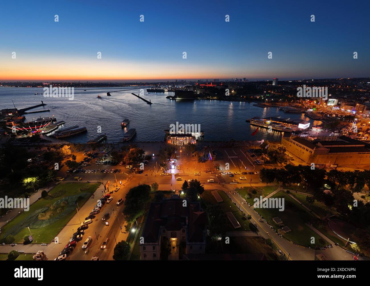 Sunset bird's eye view from aerial drone shooting of Kadikoy Port ...