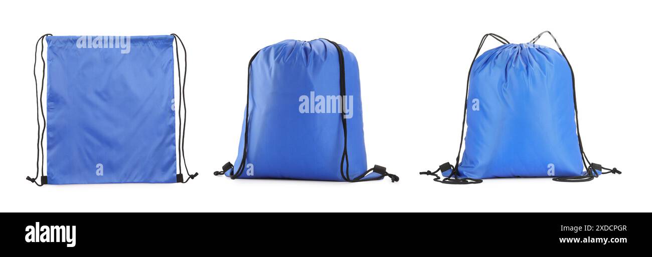 Blue drawstring sports bags isolated on white, set Stock Photo - Alamy