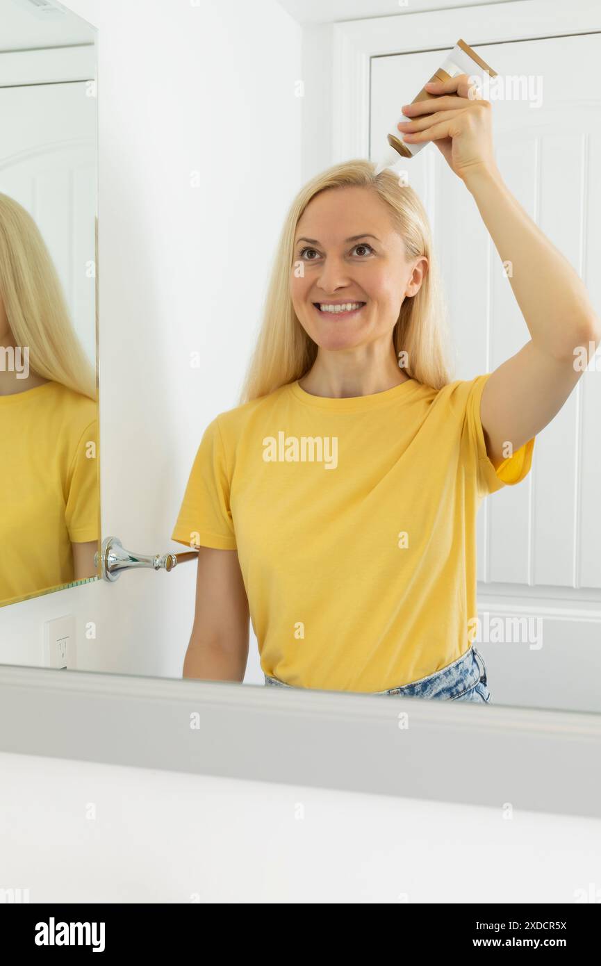 Middle Age Caucasian Woman Applies Scalp Peeling, Scrub on Head Skin ...