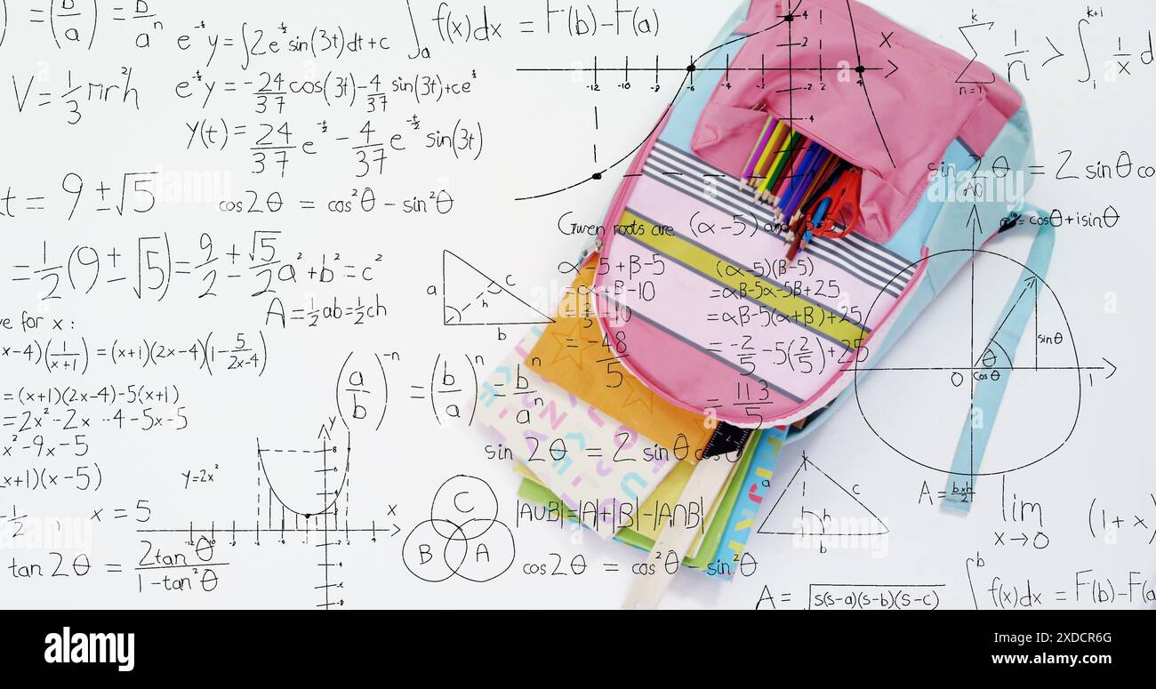 Image of mathematical equations floating over school bag on white ...