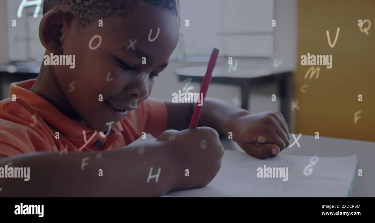 Image of looping letter over african american boy writing in book at ...