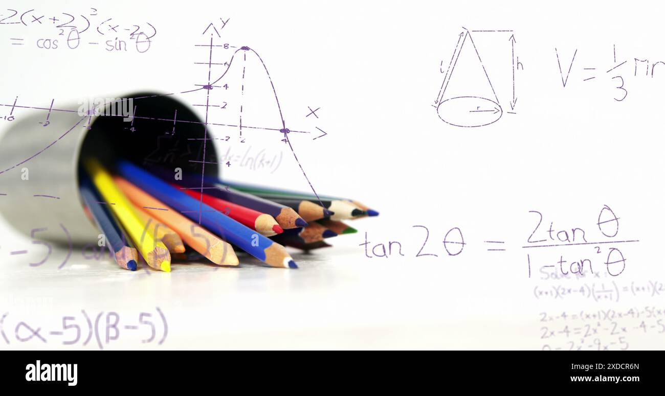 Image of mathematical equations floating over colored pencils against ...