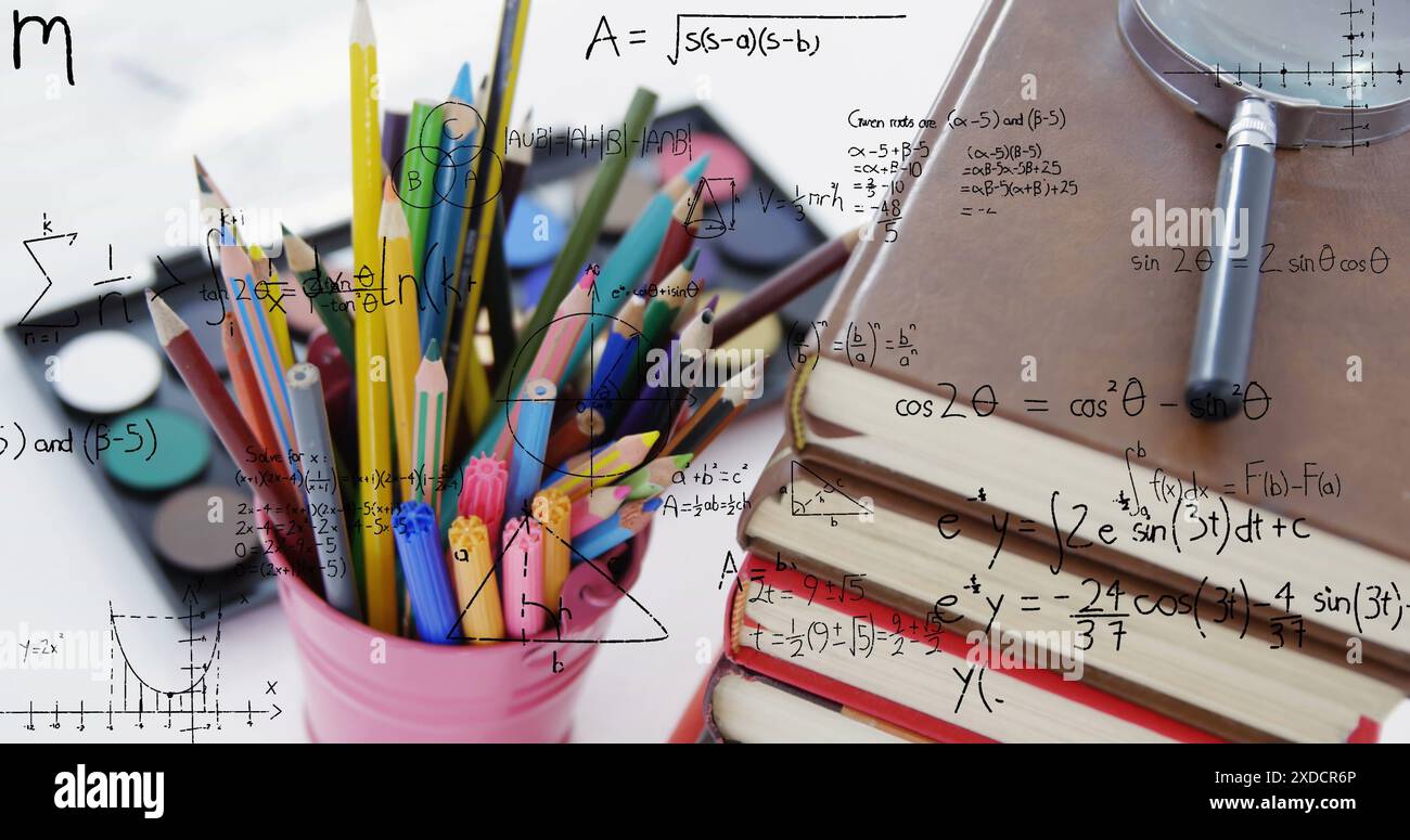 Image of mathematical data processing over school items Stock Photo - Alamy