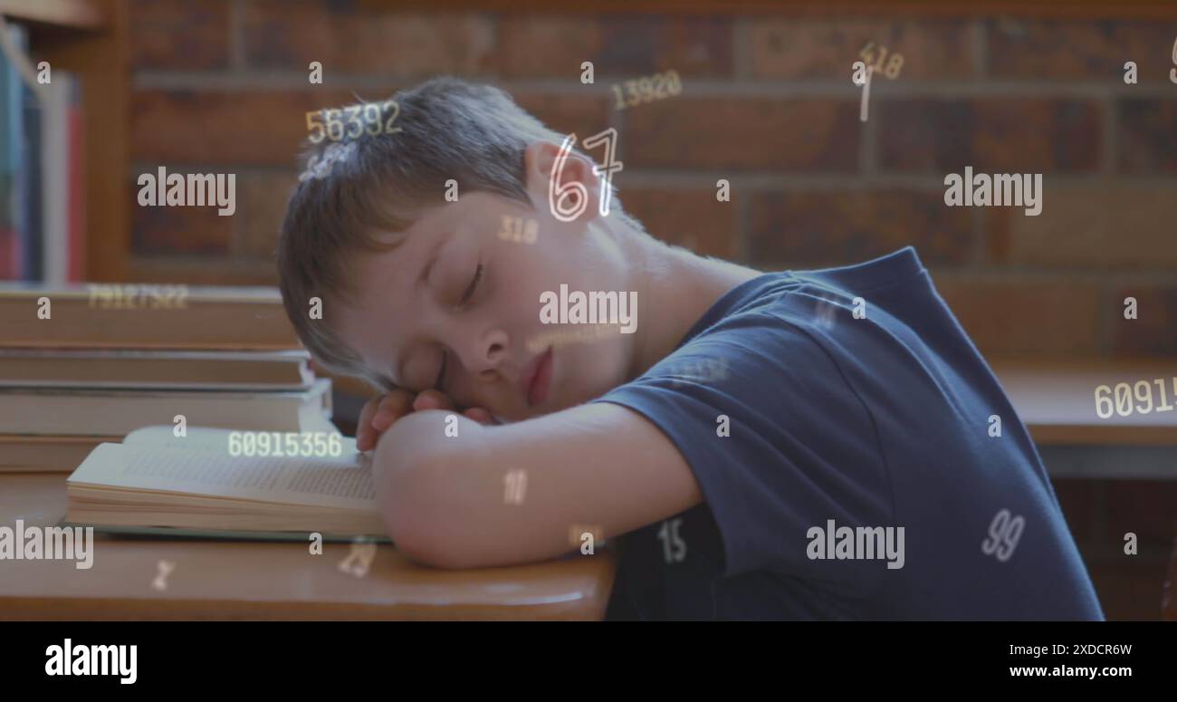 Image of looping changing numbers over caucasian boy sleeping on book ...
