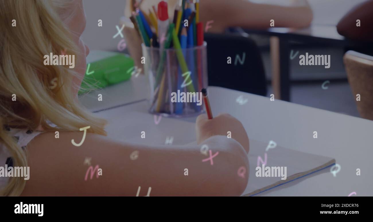 Image of numbers over caucasian schoolgirl writing Stock Photo - Alamy