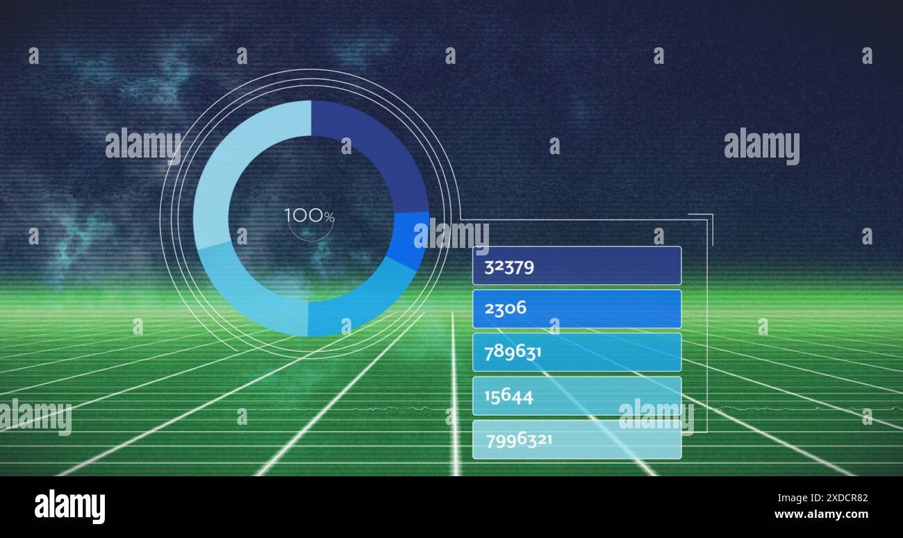 Image of statistical data processing over green grid network against blue background Stock Photo ...