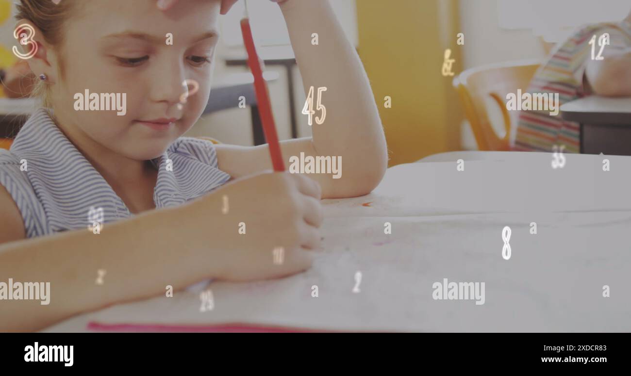 Image of changing numbers and multiple symbols, caucasian girl writing ...