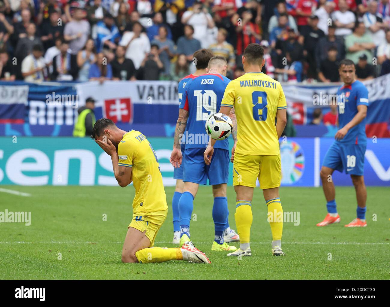Dusseldorf, Germany. 21st Jun 2024. Roman Yaremchuk reacts after the ...