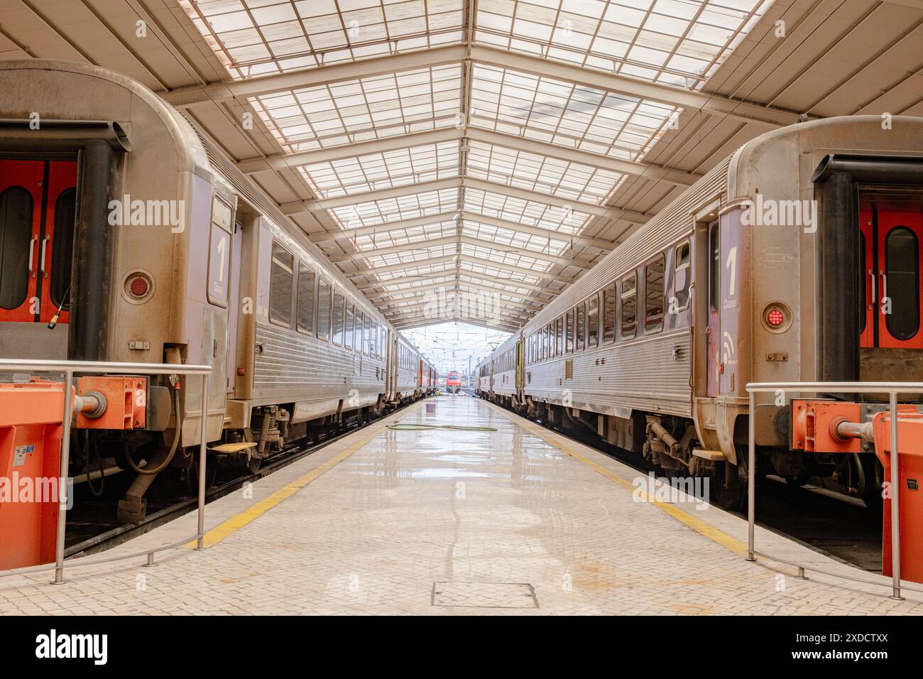 Modern passenger trains stand under the roof of a railway station in ...