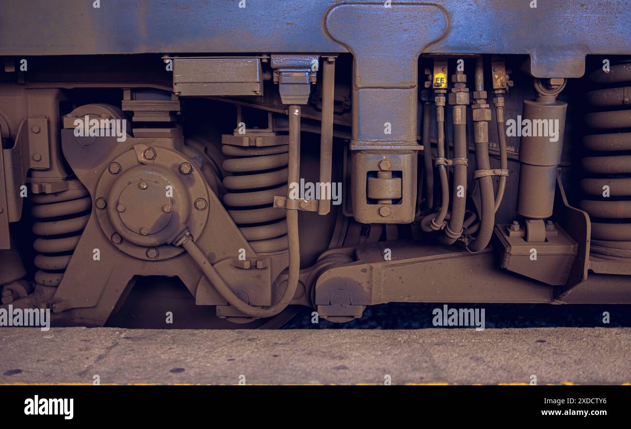 Detailed view of the underside of the locomotive: wheels, springs ...