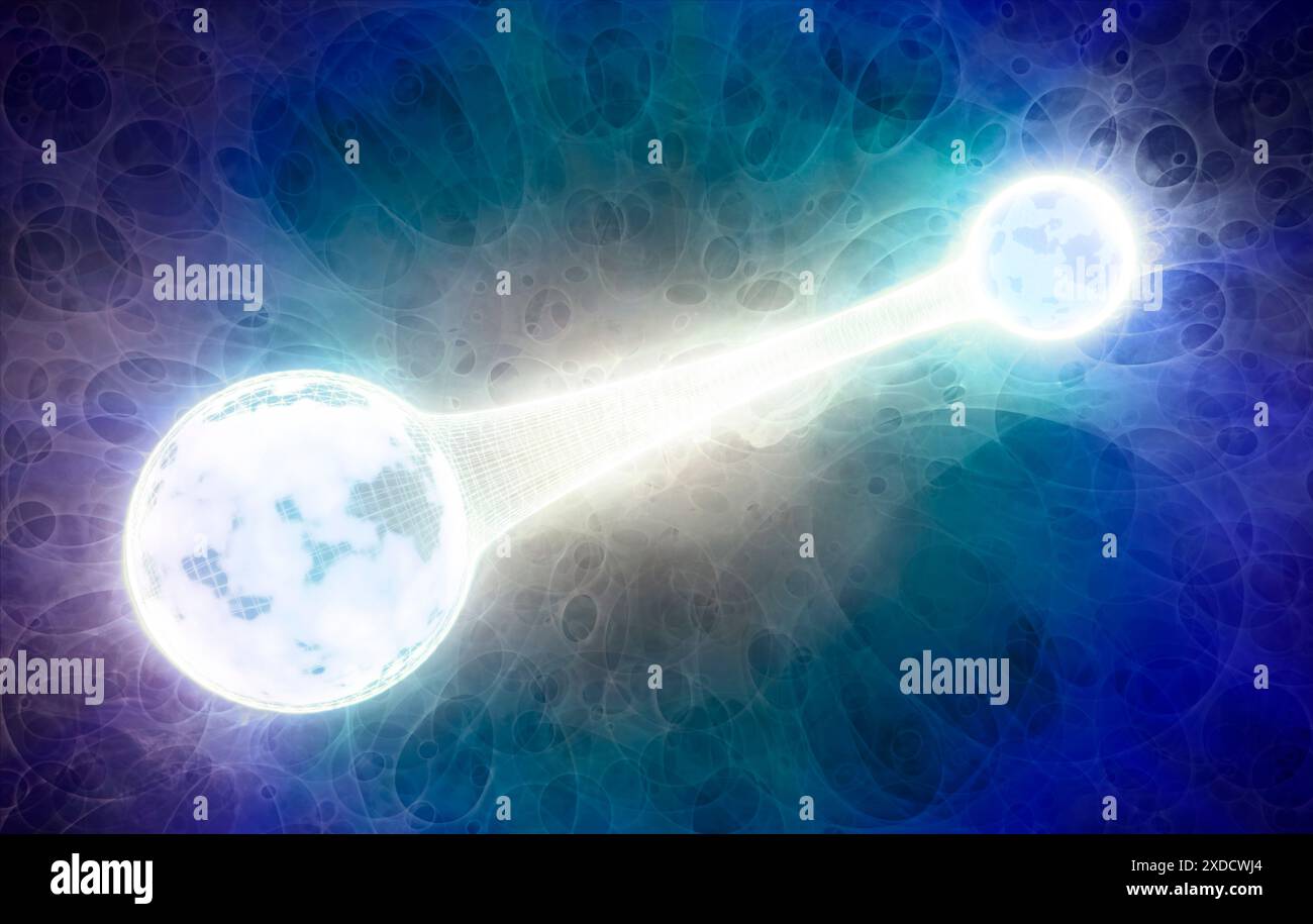 Quantum entanglement. Conceptual artwork of a pair of entangled quantum ...