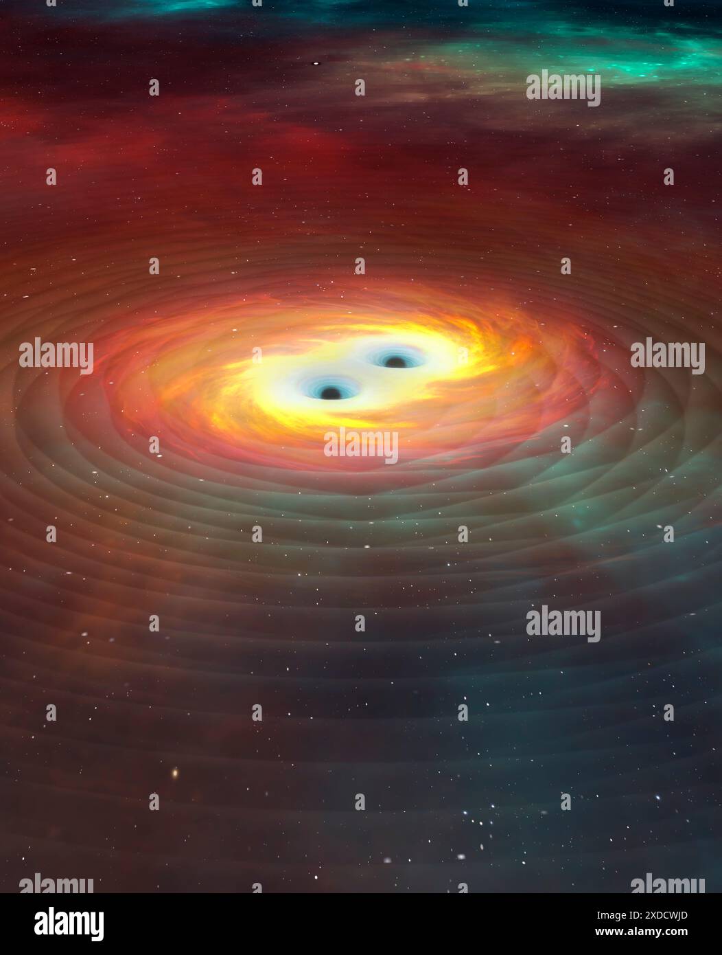 Illustration of two black holes orbiting each other in a combined ...