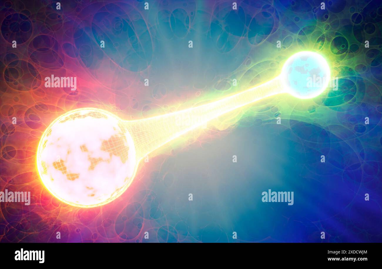 Quantum entanglement. Conceptual artwork of a pair of entangled quantum ...