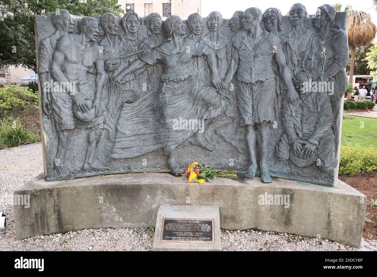 A statue commemorating Congo Square is on display during the NOLA ...