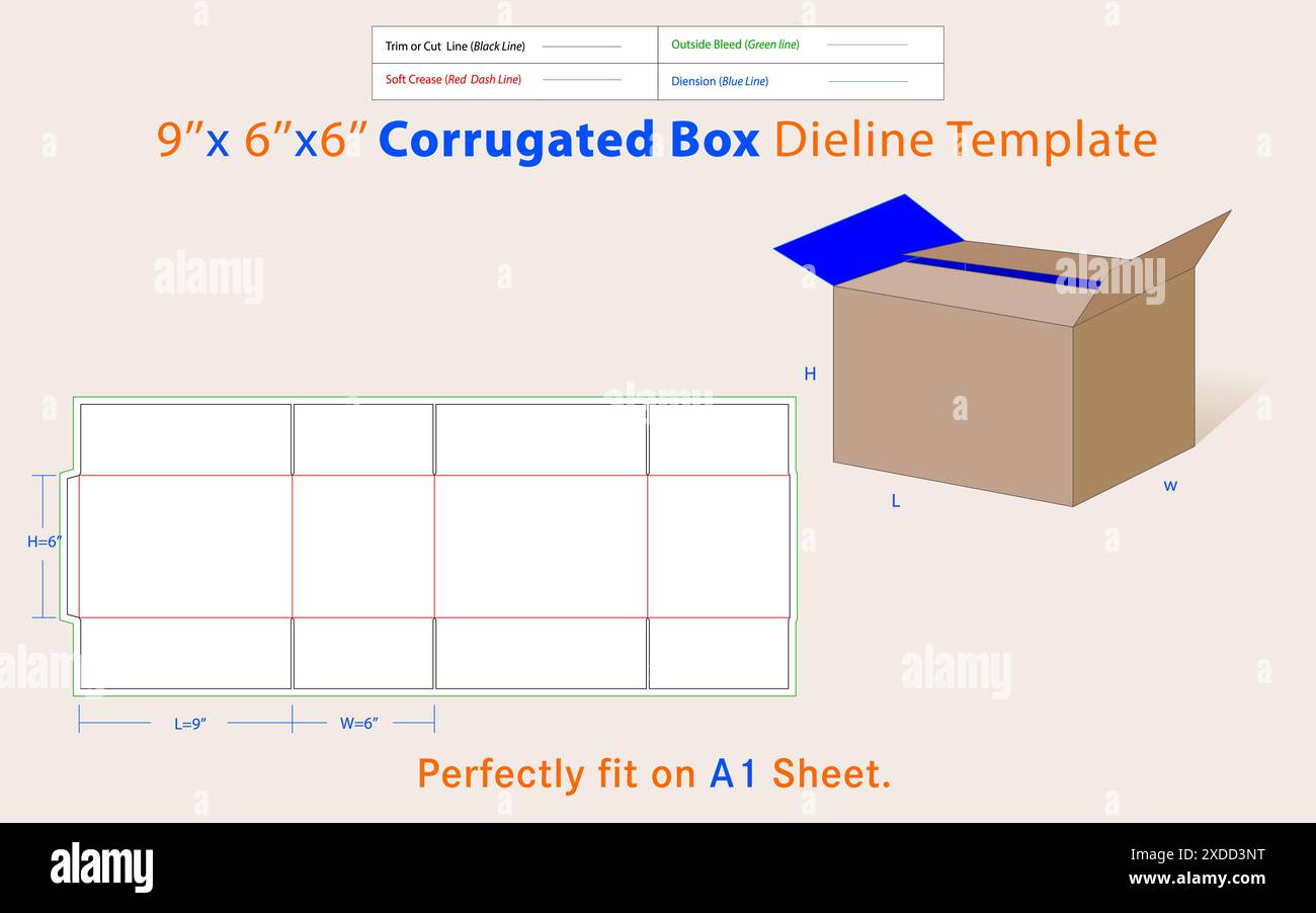 Corrugated Shipping Box 6x6x6 inches Dieline Template. A box is a ...