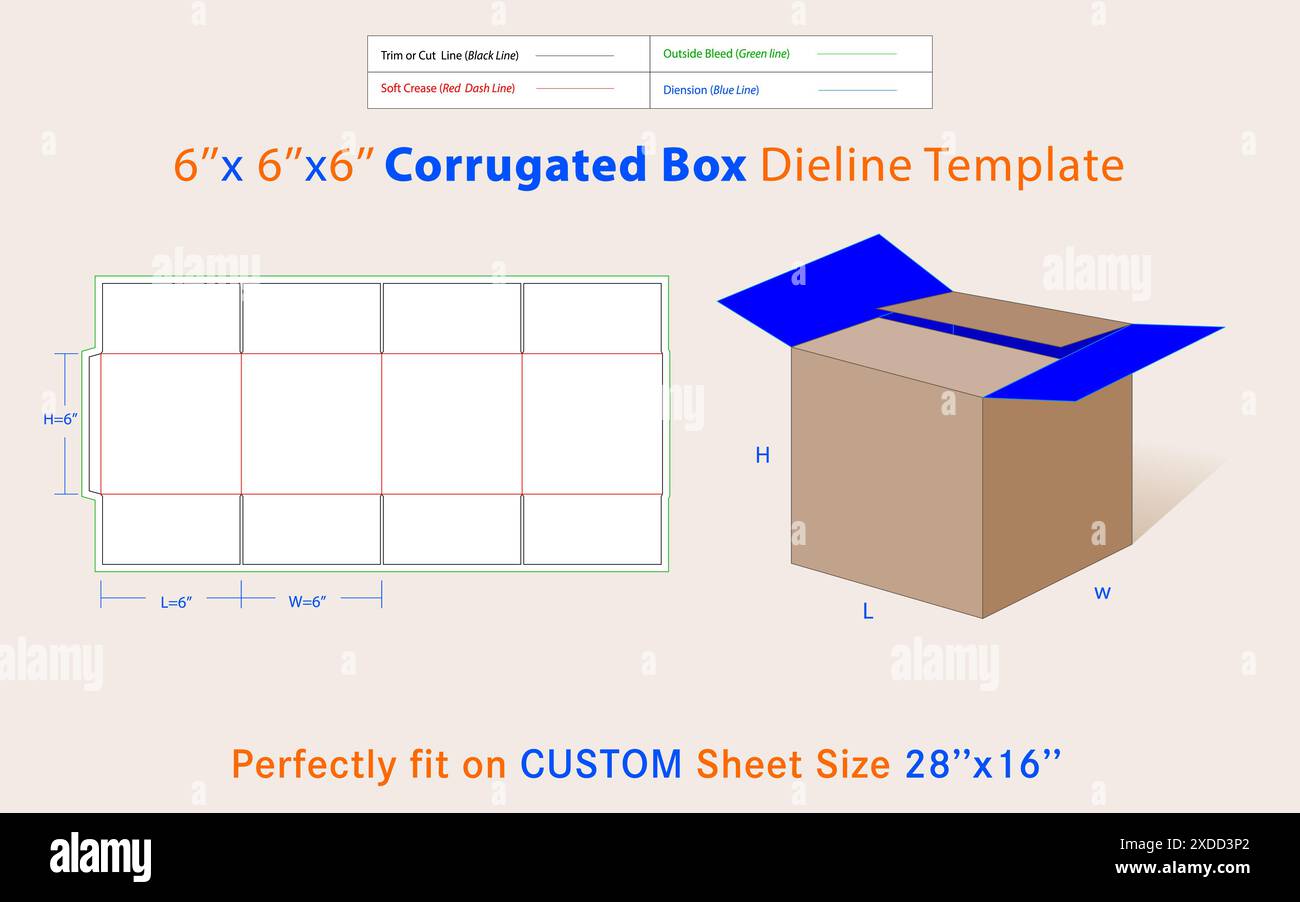 Corrugated Shipping Box 6x6x6 inches Dieline Template. A box is a ...
