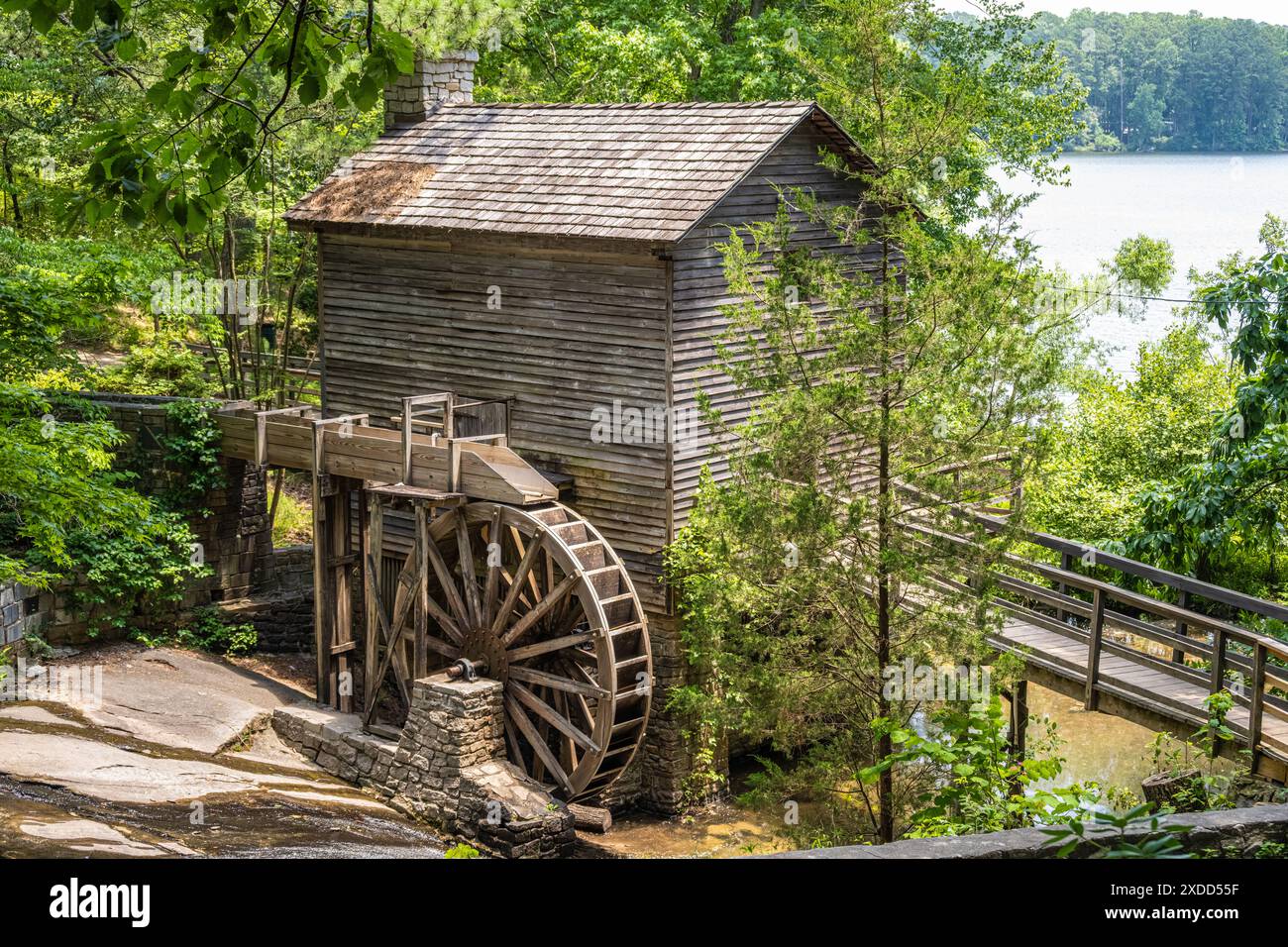 Scenic old Grist Mill with active overshot waterwheel at Stone Mountain Park in Atlanta, Georgia ...