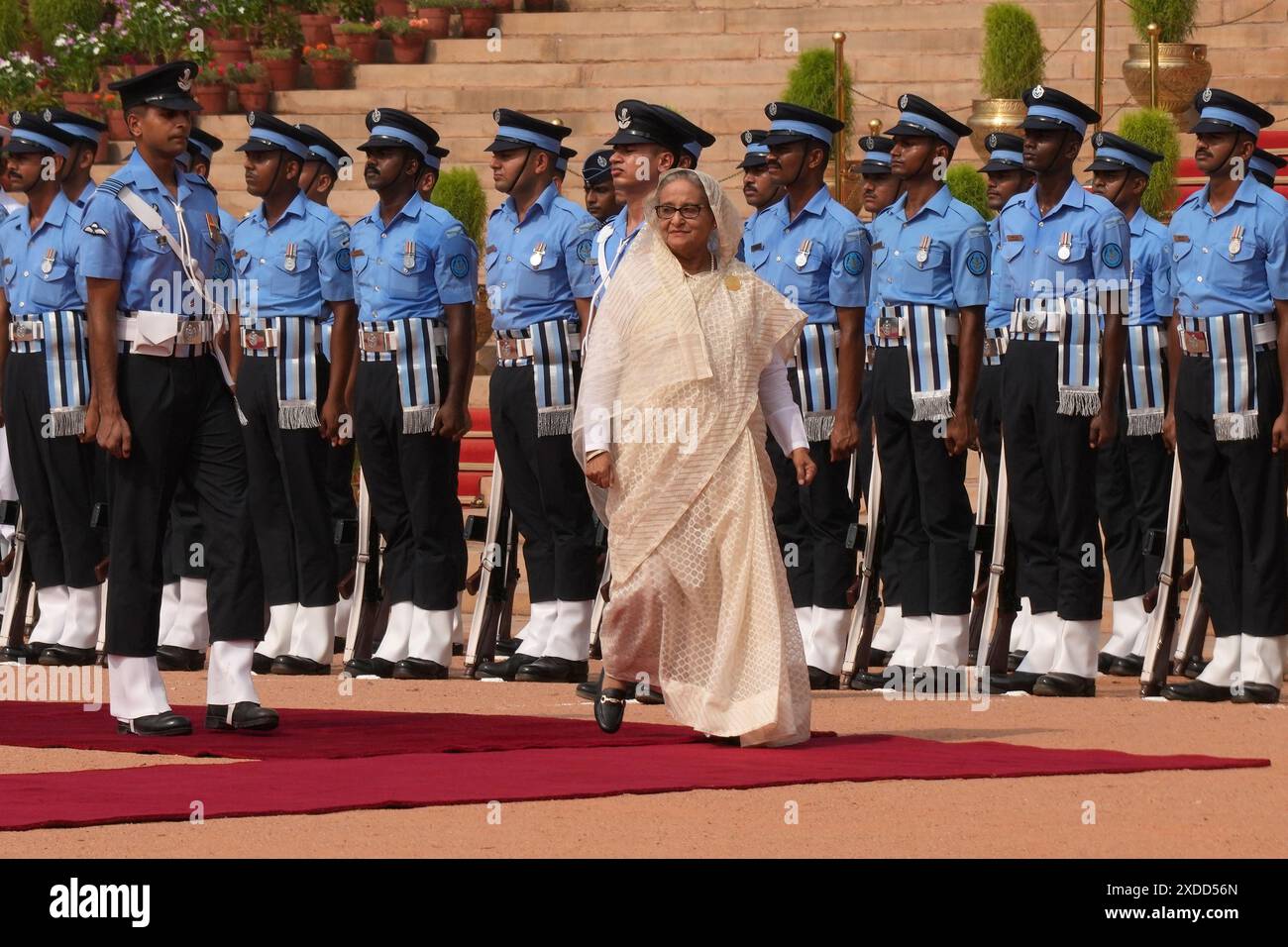 Bangladesh Prime Minister Sheikh Hasina inspects a joint military guard of honor upon her ...