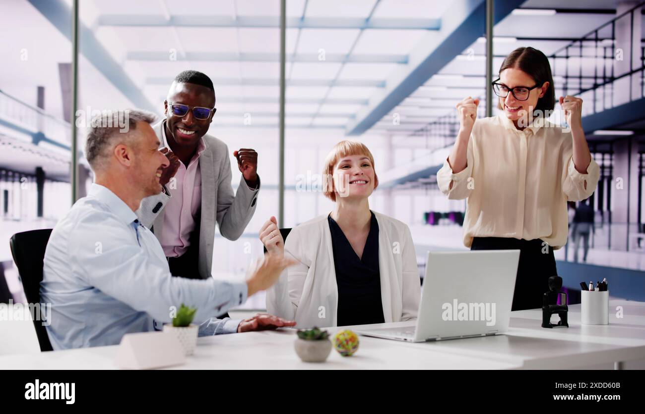 Workers At Workplace High Five. Office Collaboration And Group Spirit ...