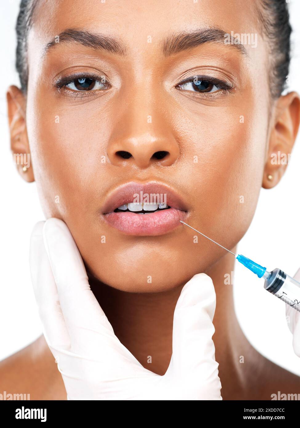 Black woman, portrait and needle for plastic surgery with cosmetics ...