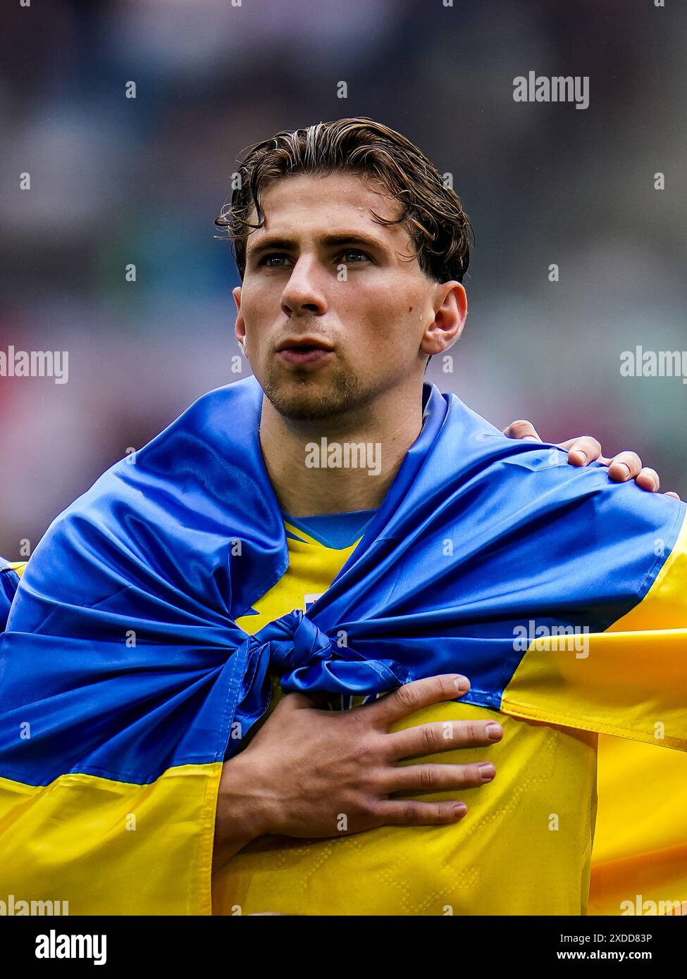 DUSSELDORF, GERMANY - JUNE 21: Illia Zabarnyi of Ukraine lines up for ...