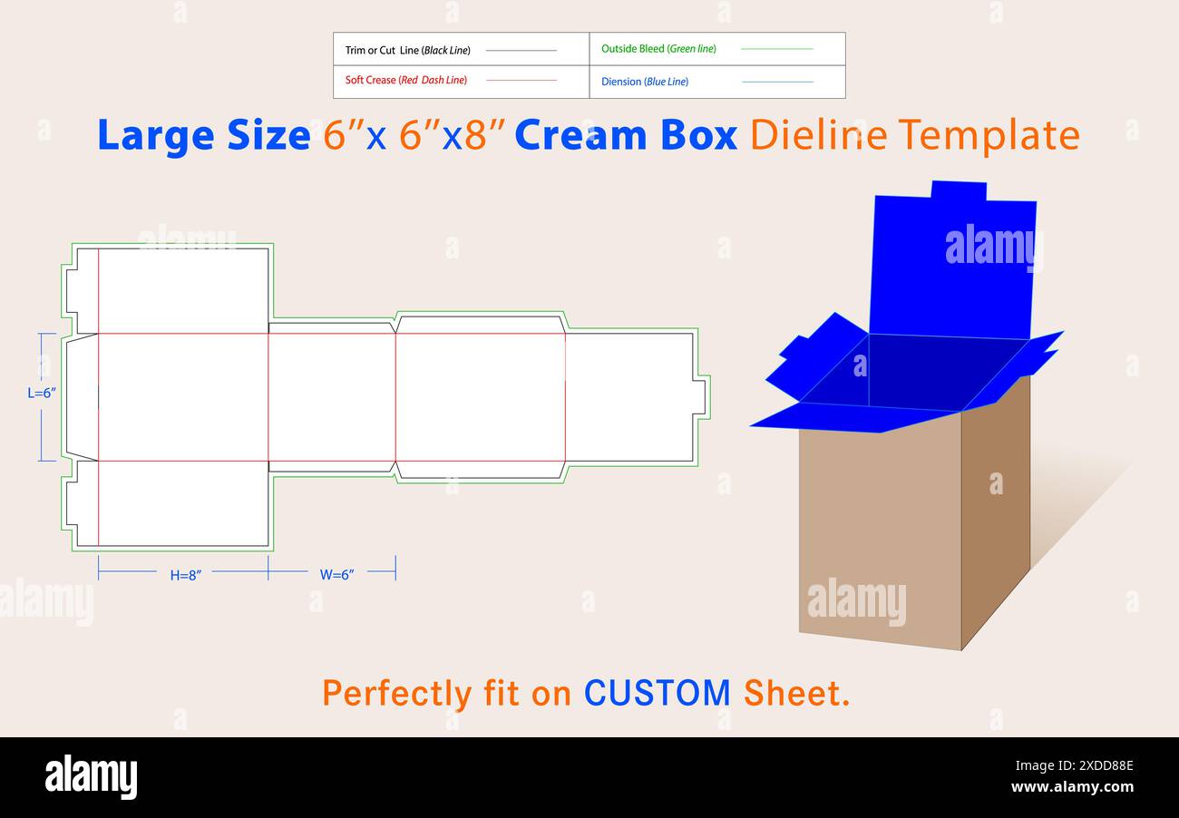 Cream Box Large Size L 6, W 6, H 8 Inches Dieline Template. A box is a ...