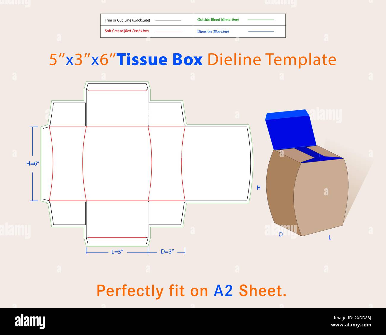 Tissue Box L 5, D 3, H 6 inches Dieline Template. A box is a container ...