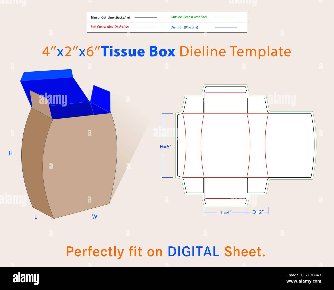 Tissue Box L 4, D 2, H 6 inches Dieline Template. A box is a container ...
