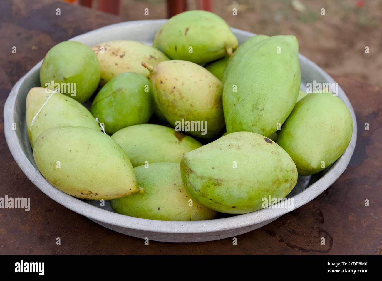 A collection of ripe green mangoes in a metal bowl, showcasing their ...