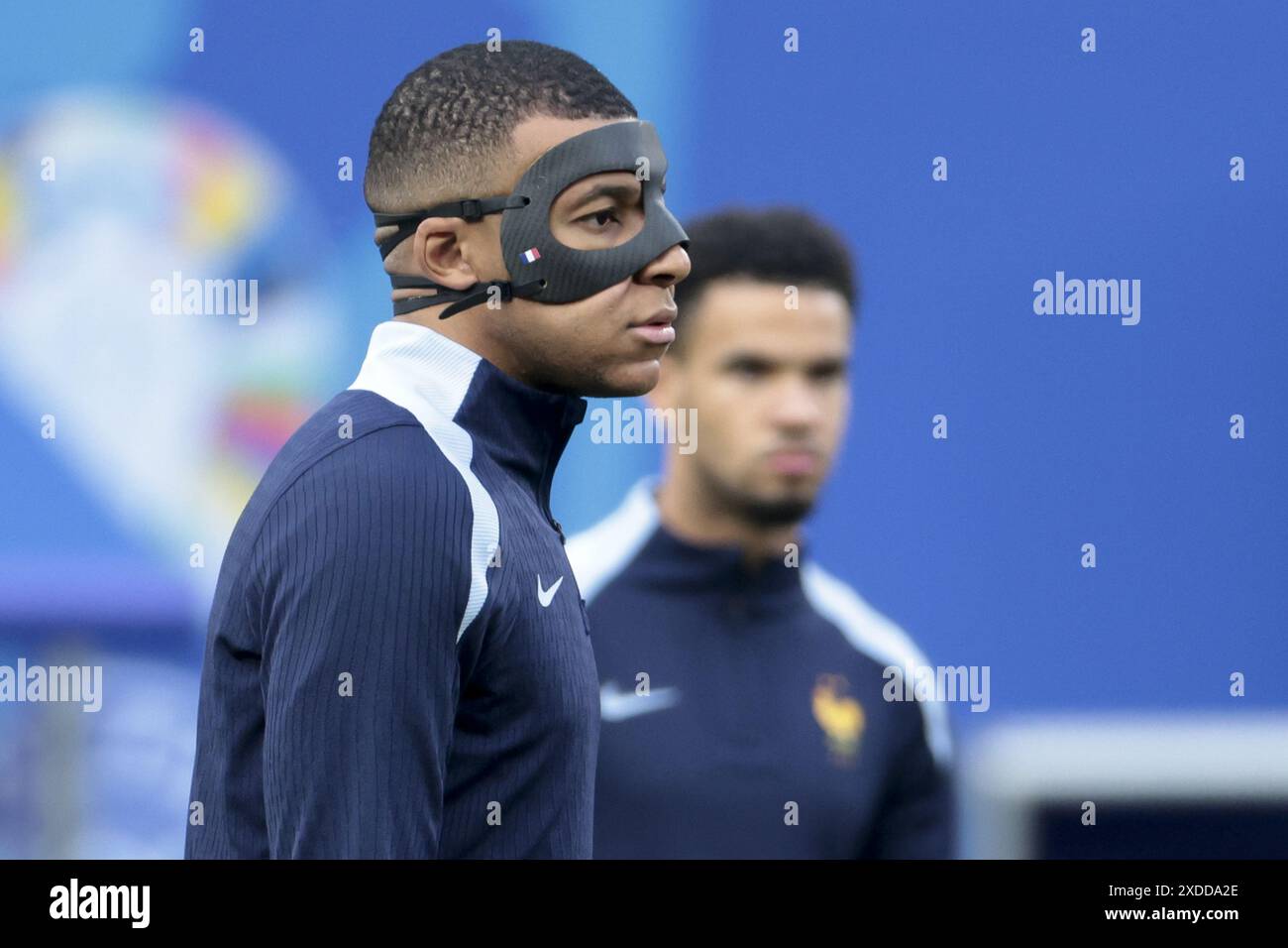 Kylian Mbappe of France wears a mask during the warm-pu before the UEFA ...