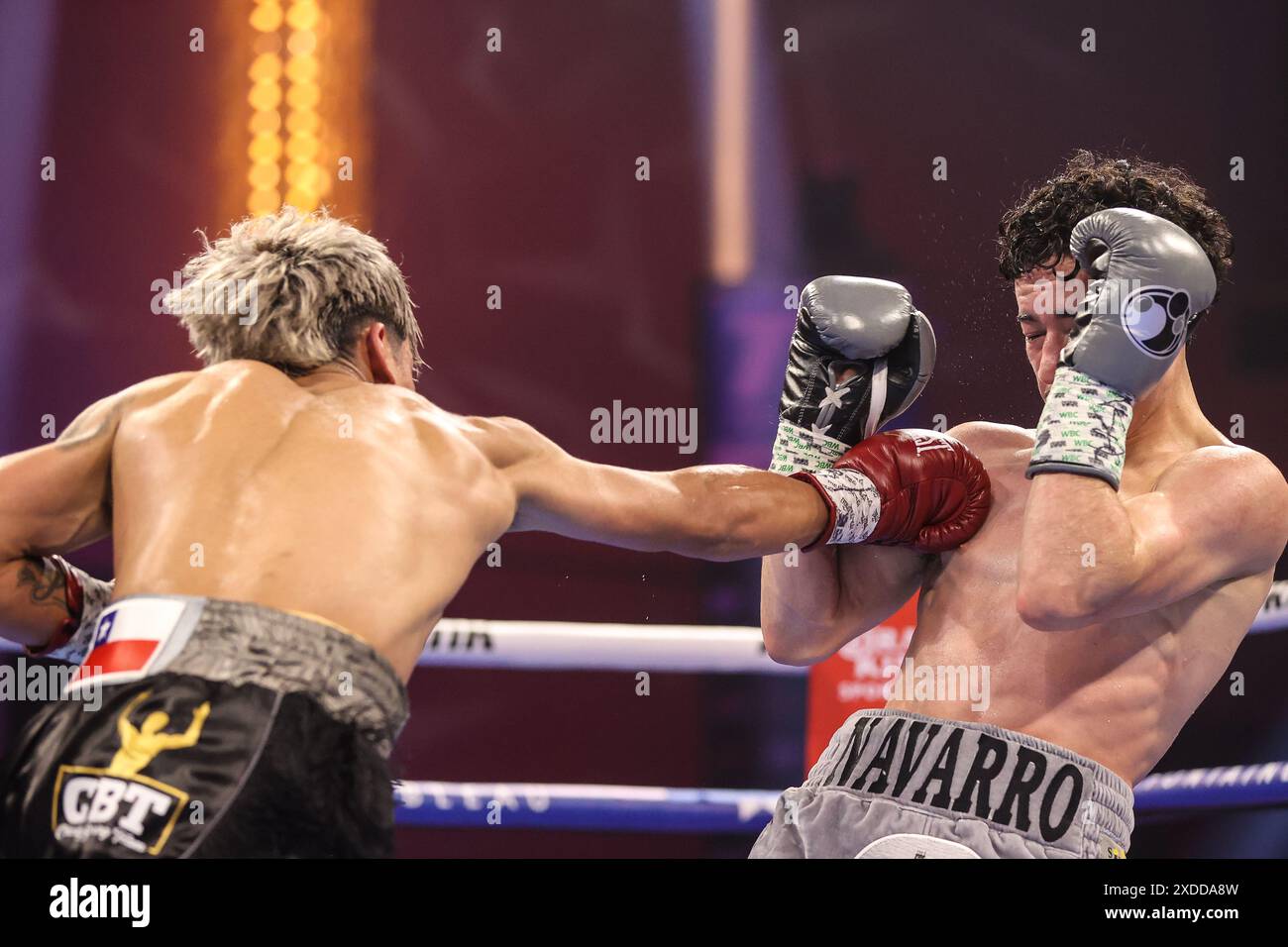 June 21, 2024: Steven Navarro (R) avoids a punch thrown by Juan Pablo Meza (L) during their ...