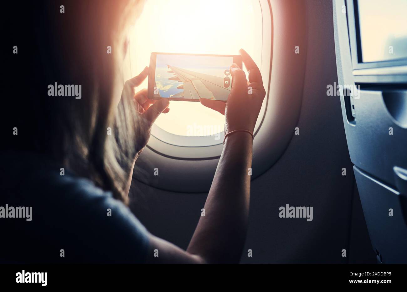 Photo, plane and window with air transport, phone and travel on flight ...
